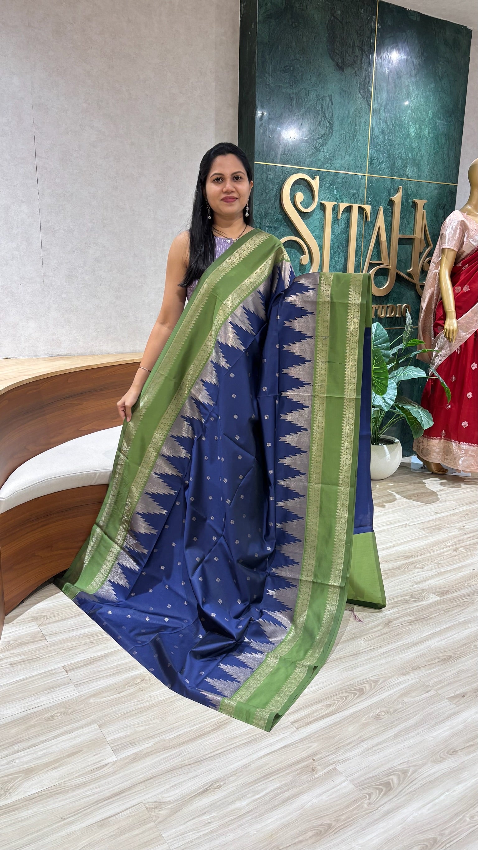 Fancy silk temple border blue-green – Sitah Ethnic Studio